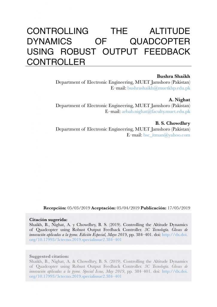 Controlling The Altitude Dynamics Of Quadcopter Using Robust Output Feedback Controller 3ciencias